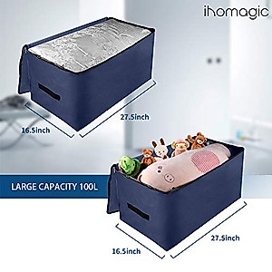 IHOMAGIC Extra Large Storage Bag with Carry Handles, Heavy Duty Storage Containers Clothes Organizers with Sturdy Polyester Fabric, Water Resistant Moving Bag for Bedding, House Moving ,Navy Blue, L