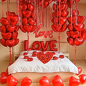 Valentines Day Party Decorations Set - 36 Inch Love Foil Balloon, 2pcs 18inch Foil Heart Balloon, 18pcs 10inch Heart Balloons and 1000 Pcs Rose Petals for Valentines Anniversary Bedroom Decorations