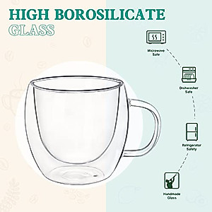 OYY 5oz Glass Coffee Mugs Set of 2, Double Wall clear Coffee Cup with Handle, Expresso Coffee glass mugs with Spoons, Insulated Coffee Glass Suit for Espresso Machine, Latte, Beverage, Tea, cappuccino