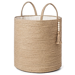 Mkono Tall Wicker Laundry Basket Woven Storage Basket Decorative Natural Rope Basket Wooden Bead Decoration for Blankets,Toys,Clothes,Shoes,Plant Organizer Bin with Handles Living Room 15"Wx17.7"L