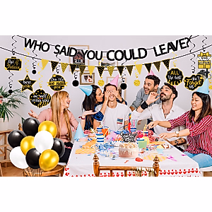 Black and Gold Goodbye Party Decorations - Farewell Decor Balloons + "Who Said You Could Leave" Banner + Hanging Swirls + Cupcake Topper Going Away Supplies