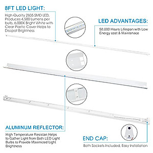 BRILLIHOOD 2-Pack 8FT LED Shop Light, 80W (190W Equiv.), 8000LM LED Garage Light, 6000K (Cool White), T8/T12 Fluorescent Light Fixture for Warehouse, Supermarket, Workshop Office