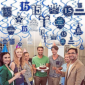 36pcs 15th Birthday Decorations Hanging Swirls Party Supplies for Boys, Silver Blue 15 Year Old Birthday Hanging Decor, Happy Fifteen Birthday Foil Ceiling Swirl Sign Décor