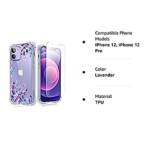 XEEUE Flower Pattern Designed for iPhone 12/12 Pro Case[with Screen Protector], Floral Clear Women Phone Case Shockproof Protective Soft TPU Bumper Cover 6.1 Inch 2020 (Lavender/Purple)