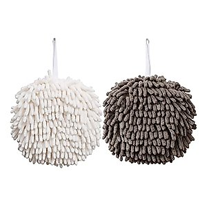 2 Pack Fuzzy Ball Towel White and Gray,Fast Drying Handball Absorbent Soft Towel for Kitchen,Hand Towels for Bathroom Decorative Set,Chenille Hanging Hand Towels