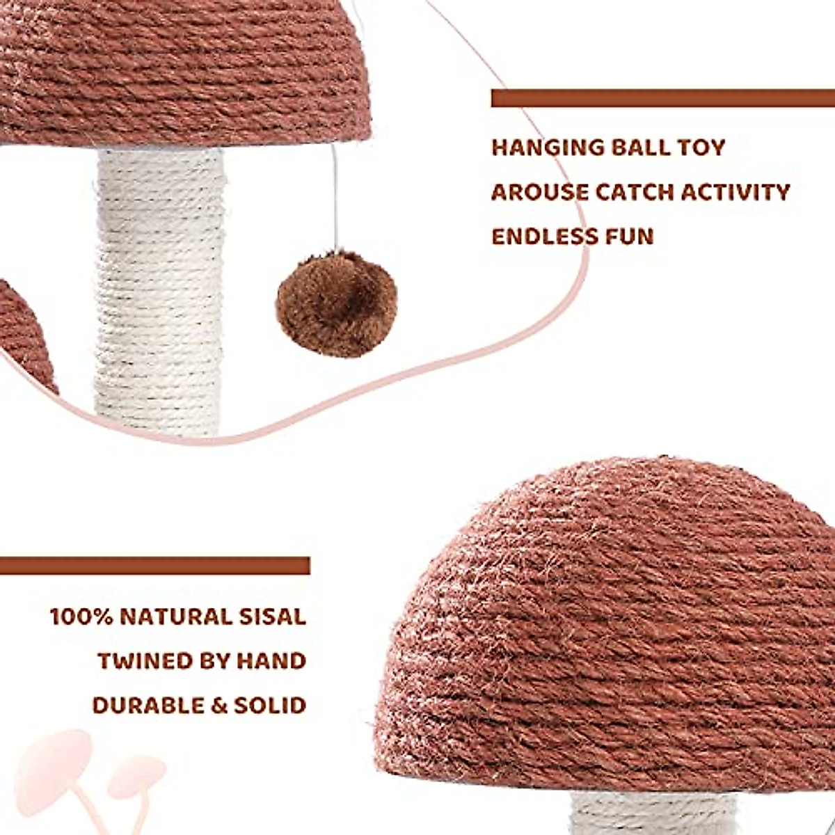 PETEPELA Cat Scratching Post, Mushroom Tall Cat Scratcher Featuring with Natural Sisal Scratching Poles and Interactive Toy Ball for Kittens and Small Cats (Brown)
