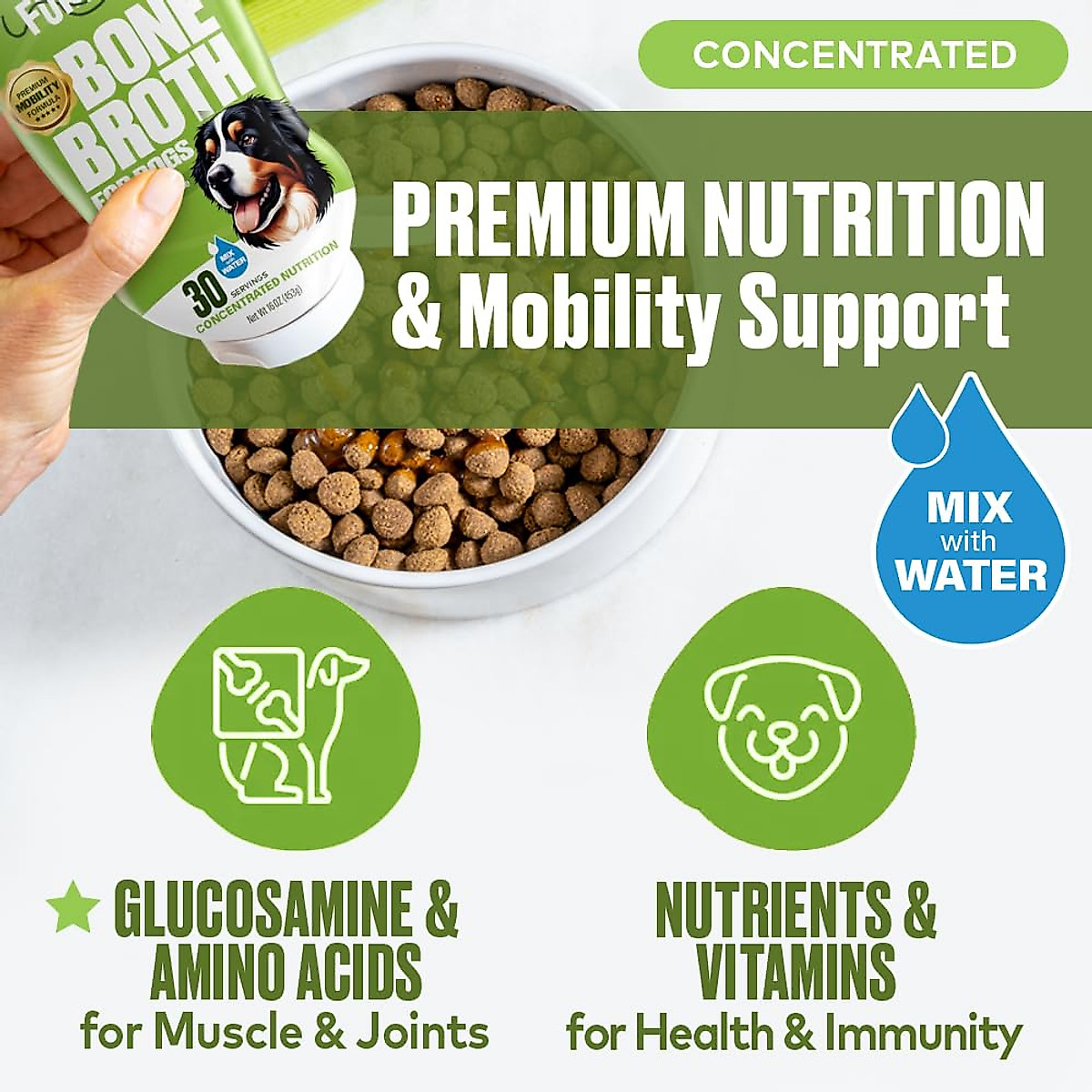 Furvor Mobility Support Beef Bone Broth for Dogs | Hip & Joint Support for Dogs | Glucosamine & Amino Acid Boosted | Human Grade Ingredients | Just add Water | Made in USA, 16 oz