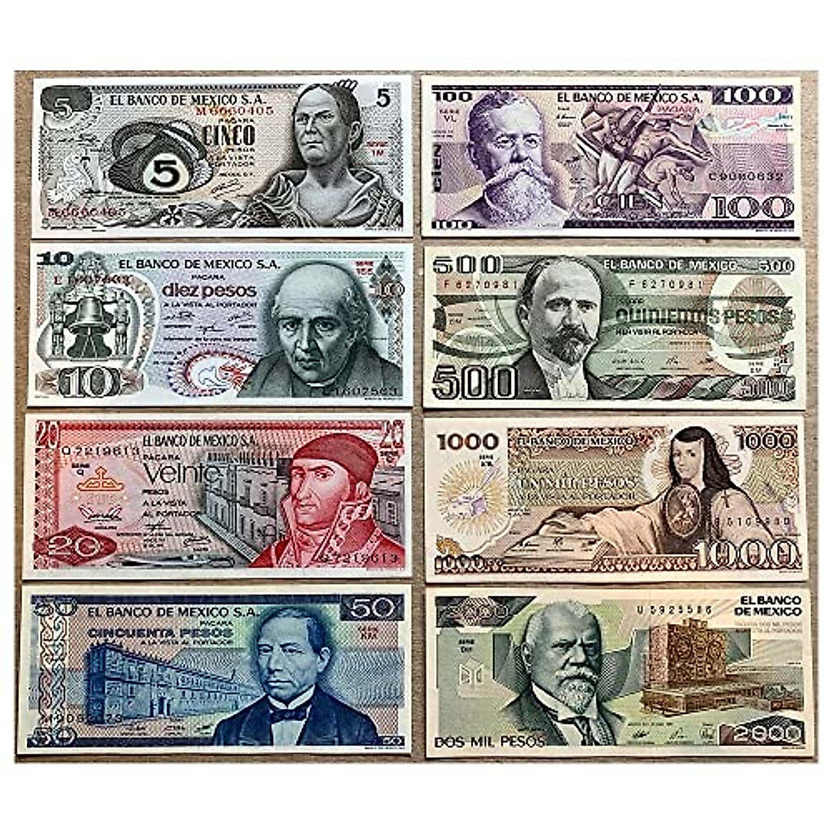 1985 M OUT-OF-PRINT MEXICO CURRENCY COLLECTION 1970's-80's (8 DIFERENT!!) NO CASH VALUE! NOT CASH EQUIVALENT! 5, 10, 20, 50, 100, 500, 1000, 2000 Pesos Seller Uncirculated