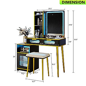 HNEBC Vanity Desk with Mirror and Lights,White Vanity Set with USB&Type-C&Wireless Charging,Makeup Vanity with Drawers/Stool, Voice Control Switch Vanity Makeup Desk for Bedroom&Dressing Room,Black