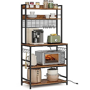 VASAGLE Hutch Bakers Rack with Power Outlet, 14 Hooks Microwave Stand, Adjustable Coffee Bar with Metal Wire Panel, Kitchen Storage Shelf, 15.7 x 31.5 x 66.9 Inches, Rustic Brown and Black UKKS025B01