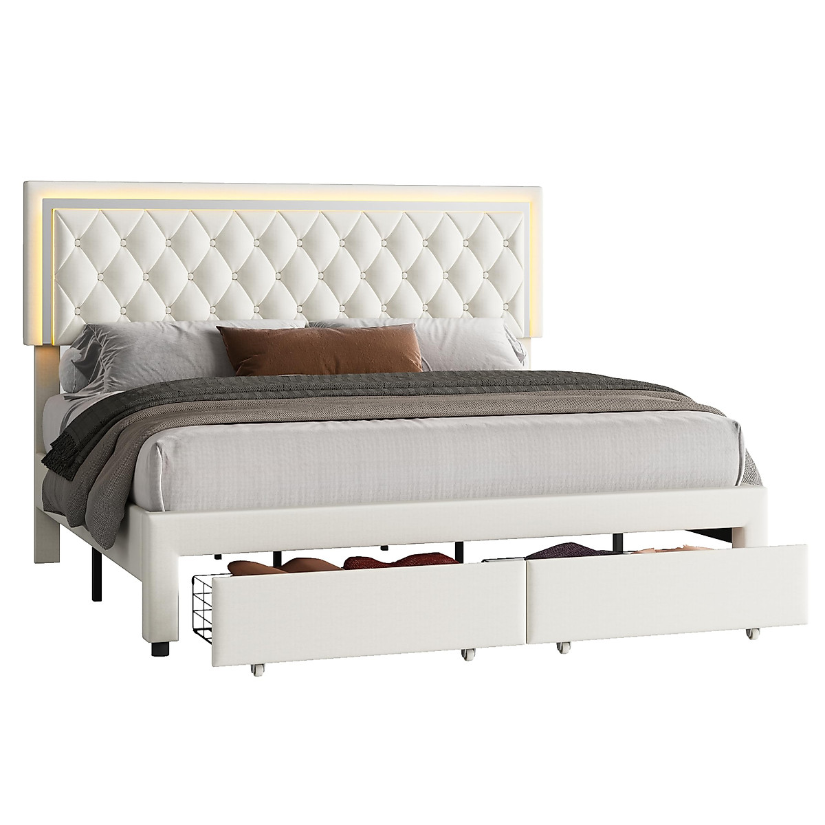 Jocisland Full Size Bed Frame with LED Lights&Storage Drawers,Velvet Upholstered Platform Bed,No Box Spring Needed,White