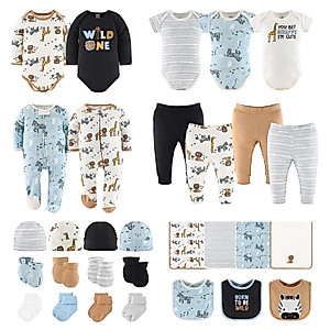 The Peanutshell Newborn Clothes & Essentials Set, 30 Piece Baby Layette Gift Set, 0-3 Month Outfits, Safari