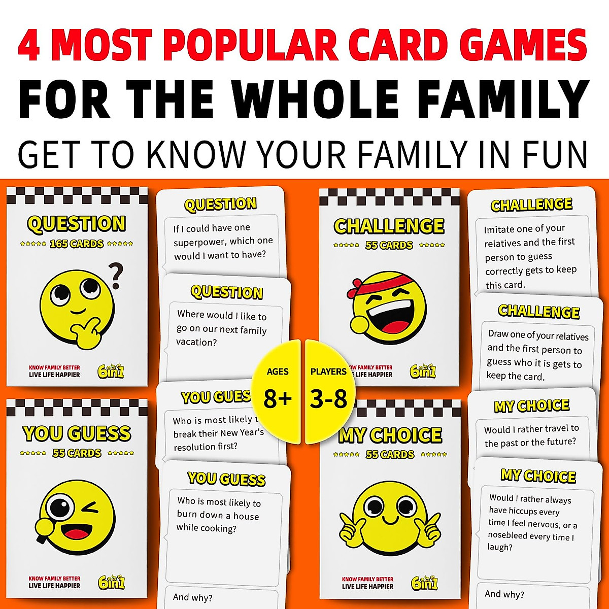 Fun Card Games for Kids, Adults, Family-Board Games for Family Game Night with 415 Conversation and Challenge Cards, for Ages 8 and Up-Know Family Better, Live Life Happier-Family Games 6 in 1 Set