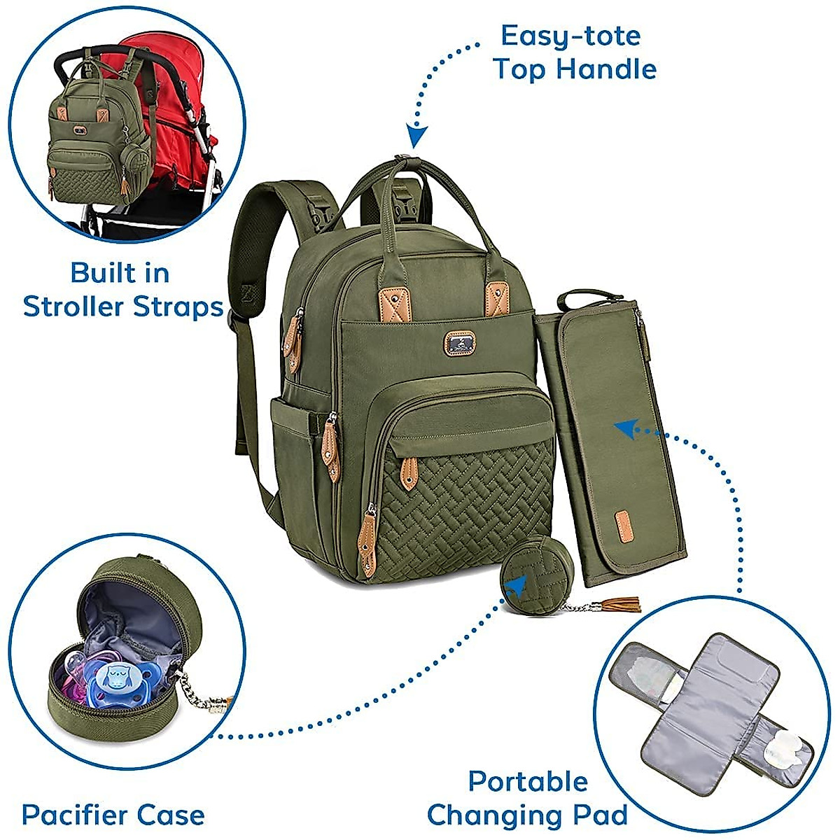 Dikaslon Diaper Bag Backpack, Stroller Hooks, Large Unisex Baby Bags with Changing Pad, Pacifier Case and Universal Stroller Clips for Mom Dad