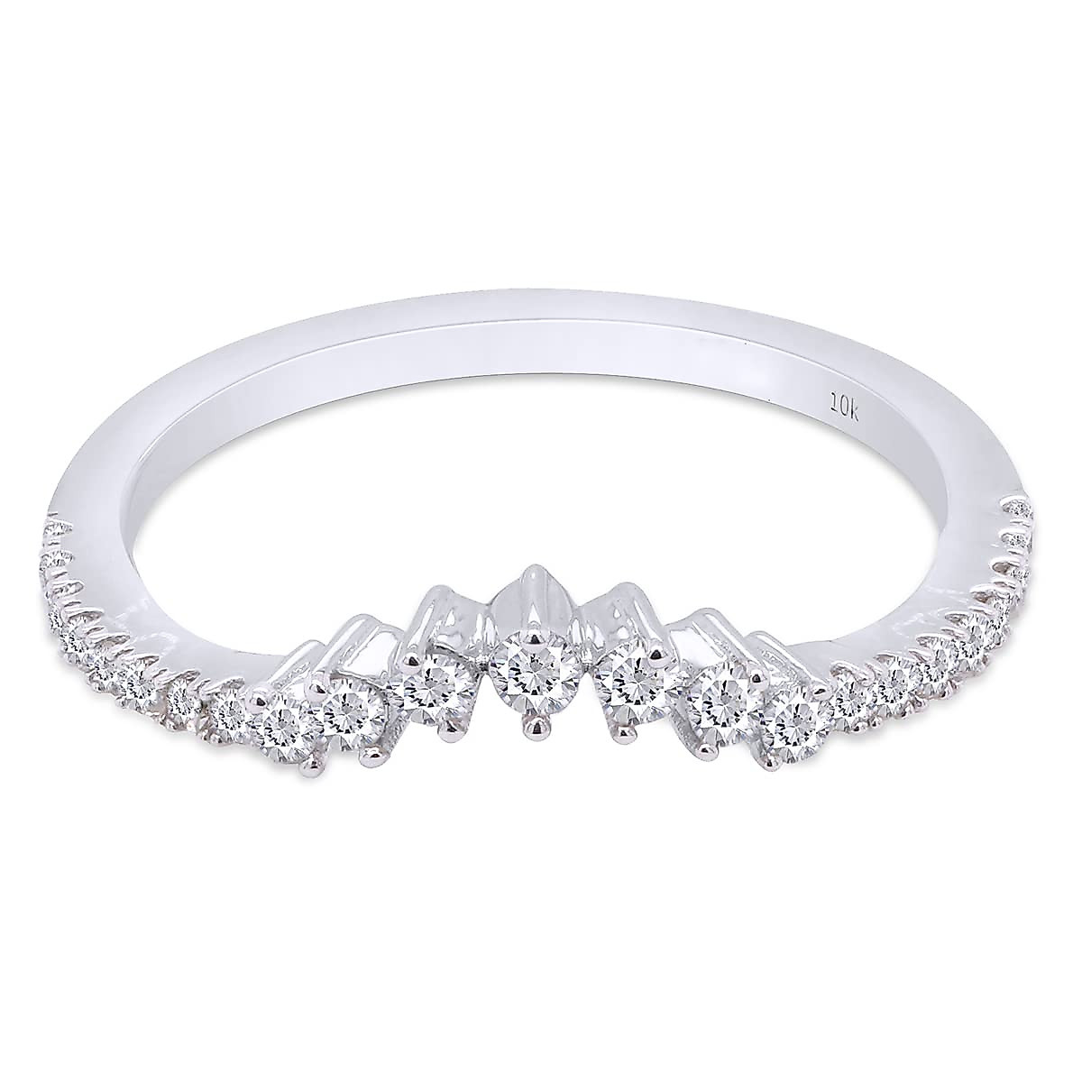 AFFY 1/5 Carat Round Shape White Natural Diamond Stacking Curved Wedding Band In 10K Solid White Gold (Clarity : I2-I3, Color : I-J, 0.2 Cttw) Size 8