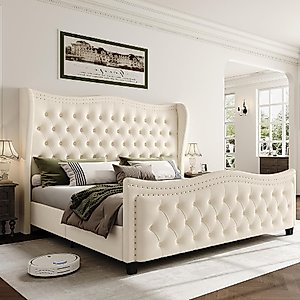 HOSTACK King Bed Frame, 55" Headboard Upholstered Bed with Tall Footbaord, Velvet Handmade Pleats Deep Button Tufted Wingback Platform Bed, No Box Spring Required/Wood Slat Support/Beige
