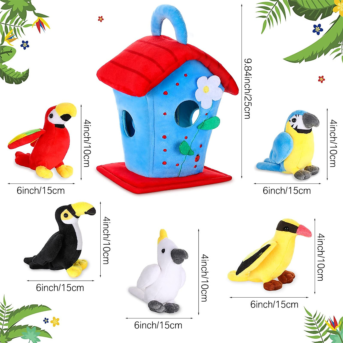 Skylety 5 Pcs Bird Stuffed Animal with Plush Bird House Bird Plush Toy Cockatoo Macaw Parrot Red Macaw Oriole Toucan for Animal Themed Birthday Party Toys