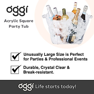 OGGI Acrylic Square Party Tub - Clear Beverage Cooler w/Handles, Wine Cooler, Beer Chiller, Ideal Party Tubs for Drinks, Use Ice Tub for Indoor or Outdoor Bars, 16.75" x 14"