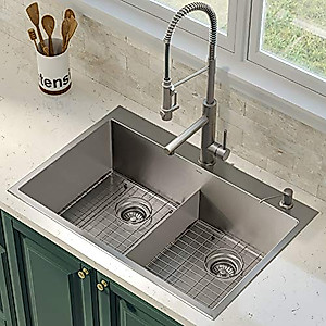 KRAUS Standart PRO 33-inch Drop In/Undermount 16 Gauge Double Bowl 2-Hole Stainless Steel Kitchen Sink, KHT302-33