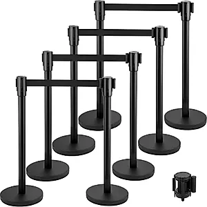 VEVOR Crowd Control Stanchion, Set of 8 Pieces Stanchion Set, Stanchion Set with 6.6 ft/2 m Black Retractable Belt, Black Crowd Control Barrier w/Concrete and Metal Base - Easy Connect Assembly