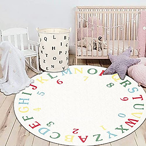 47" Colorful ABC Rug Kid Rug for Nursery Playroom Bedroom,4ft Circle Rugs with Storage Basket for Classroom,Round Baby Play Mat with Carpet Gripper (47inch,Rainbow)