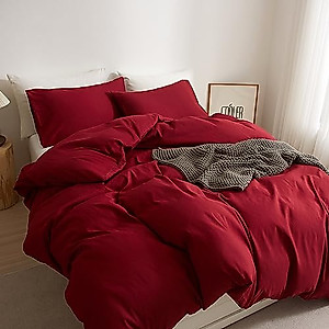 Mucalis Burgundy Duvet Cover Queen Washed Brushed Full/Queen 3pc Solid Modern Bedding Duvet Cover Set with Pillowcases Zipper Closure Corner Ties-No Comforter