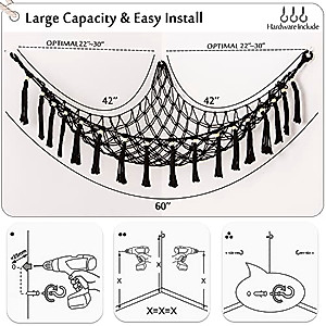 MAKEONEWO Stuffed Animal Toy Hammock Hanging- Macrame Toy Hammock with Tassels-Stuff Animals Organizer Storage Boho Large Corner Plush Toys Net Holder for Nursery, Play Room, Kids Bedroom (Black), 1 Pack