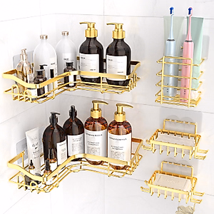 Hsiohe Gold Corner Shower Caddy, Adhesive Shower Organizer for Bathroom Storage, Rustproof Stainless Steel Shower Shelves, No Drilling, Space-Saving Shower Rack Shelf for Inside Shower 5 Pack