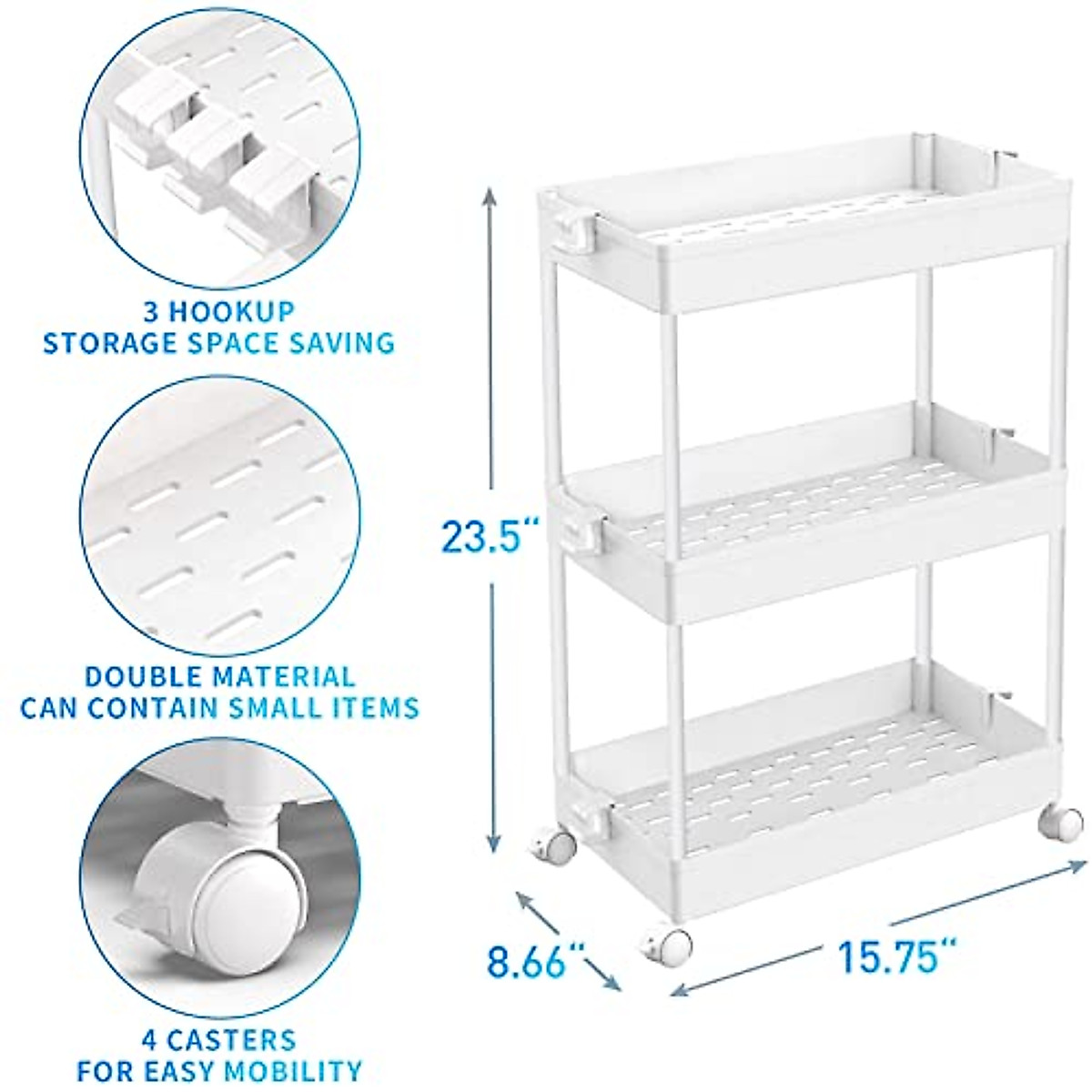 SPACEKEEPER Storage Cart 3 Tier Bathroom Storage Organizers, Rolling Utility Cart with Wheels Slide Out Storage Shelves Mobile Shelving Unit Organizer for Office, Bedroom, Laundry Room, White, 2 Pack