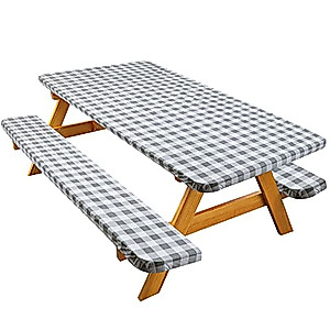 Aksipo Vinyl Picnic Tablecloths and Bench Covers, Waterproof Picnic Table and Bench Seat Covers with Elastic Edges for Outdoor Patio Park, Gray Checkered Flannel Backed Lining, 72 Inch 3 Piece Set