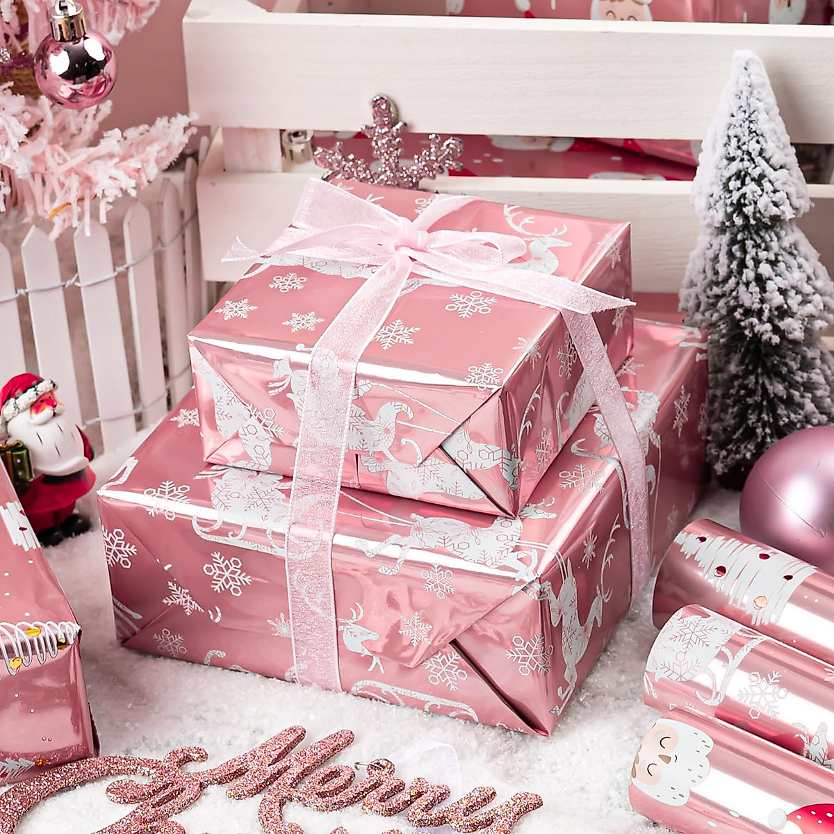 MAYPLUSS Pink Christmas Wrapping Paper - 17In x 120In Per Roll - Girly Festive Metallic Foil Trees, Cute Santa, Winter Sled Design Christmas Girls Pink Gift Wrap Paper for Winter Holiday, Birthday