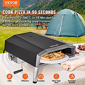 Vevor Gas Outdoor Pizza Oven, 16-inch Propane Pizza Ovens with Auto Rotatable Stone, Large Portable Pizza Maker for Outside BackYard Camp, Waterproof Bag, Peel, IR Thermometer, CSA Certified, Black