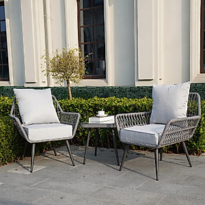 3 Piece Patio Furniture Set Small Outdoor Wicker Rattan Front Porch Bistro Chairs Conversation with Glass Table Grey Modern Contemporary Urban Rectangular Metal Polyester