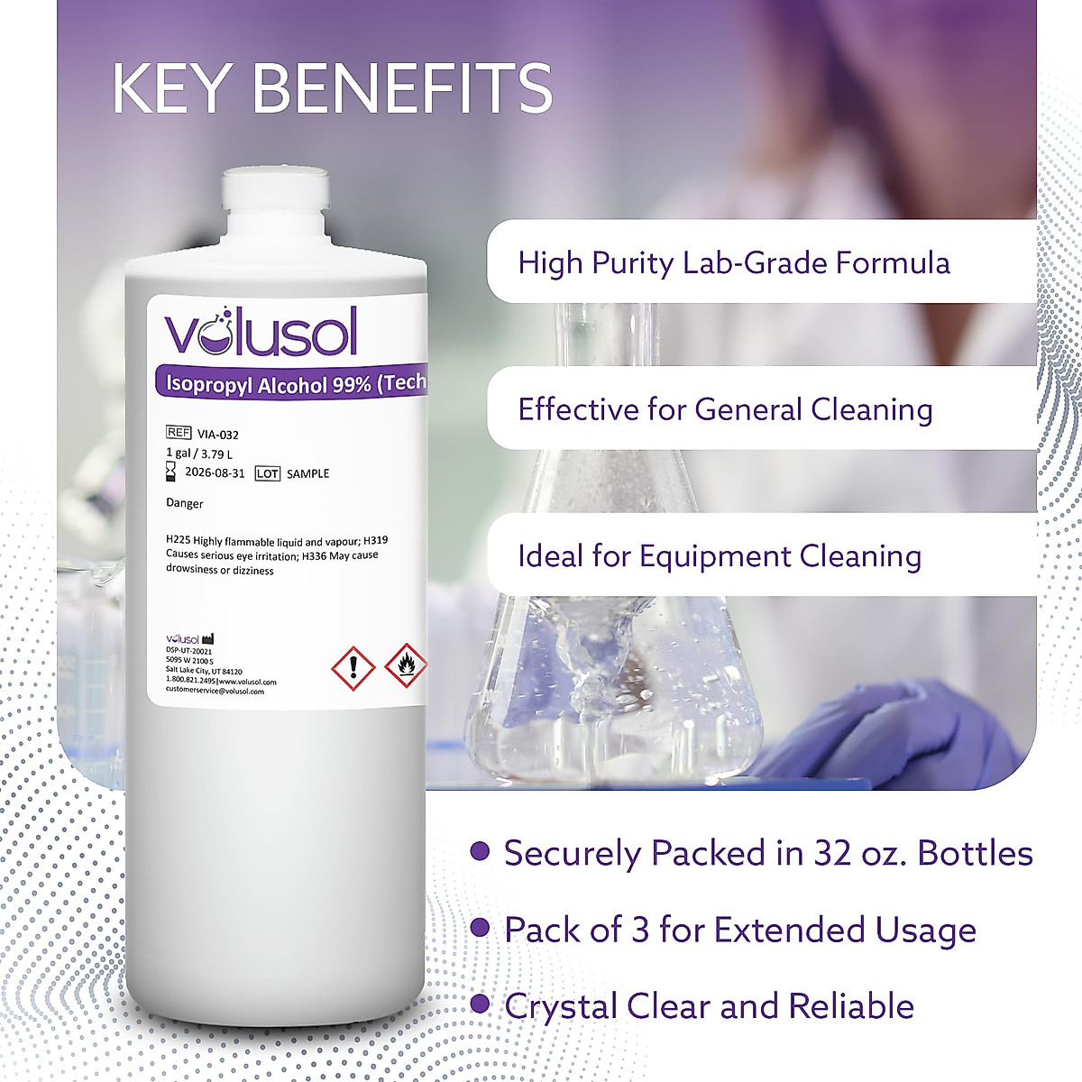 Volu-Sol Isopropyl Alcohol 99% (Isopropanol) - High Purity, USP | Kosher IPA for Lab Equipment, Electronics, & Medical Cleaning - Clear Bottle, 1L/ 32 oz. (3 Pack)