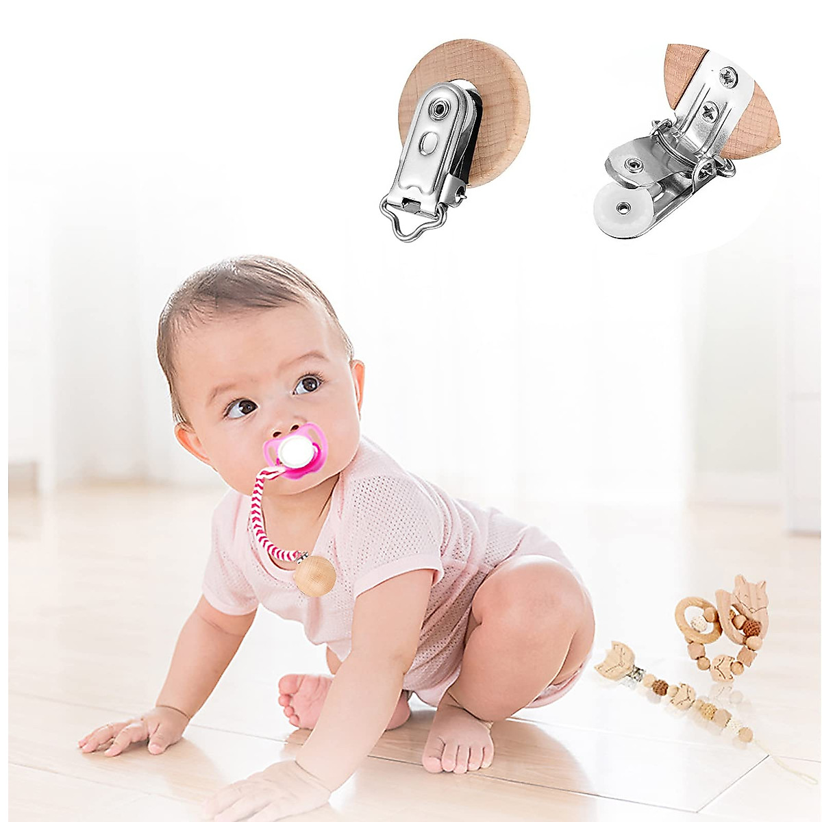 24 Pieces Natural Beech Wood Pacifier Clips Teething Grasping Toy Suspender Clips Charm DIY Pacifier Clips Holder Accessories