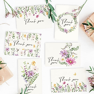 AnyDesign 36 Pack Floral Thank You Cards Watercolor Wildflower Greeting Cards with Envelopes Stickers Spring Midsummer Blank Note Cards for Birthday Wedding Baby Shower Bridal Shower, 4 x 6 Inch