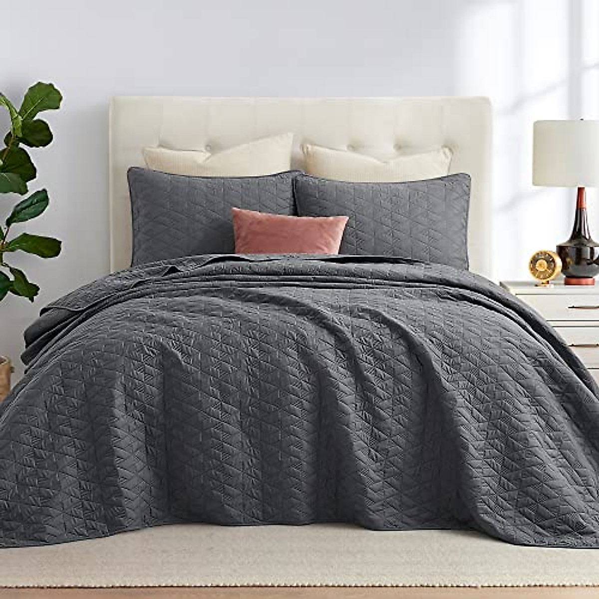 Dreamhood Full/Queen Quilt Bedding Set, Grey Pattern Polyester Bedspread Set, Lightweight Quilts Breathable Coverlet Set, Ultra Soft for All Season (1 Quilt, 2 Pillow Shams)