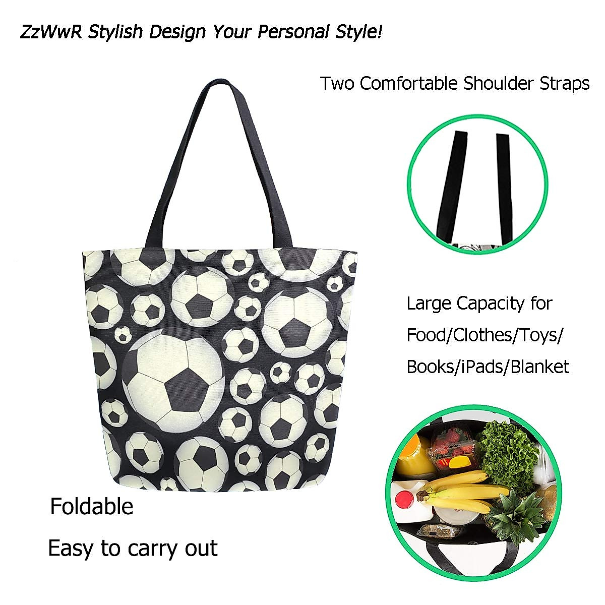 ZzWwR Cute Soccer and Football Balls Pattern Large Canvas Gym Beach Travel Reusable Grocery Shopping Tote Bag Foldable Handbag,Black White