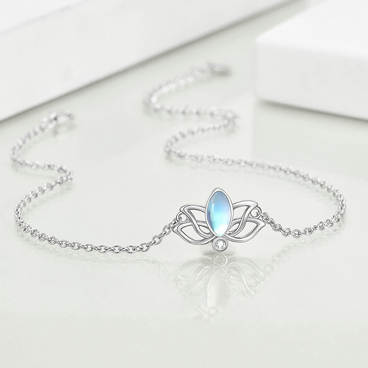YFN Lotus Bracelets Sterling Silver Moonstone Lotus Flower Adjustable Bracelet Yoga Jewelry Gifts for Women