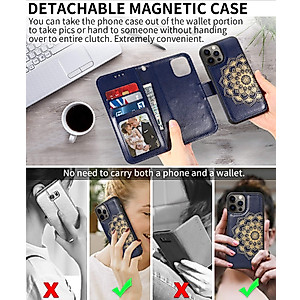 CASEOWL iPhone 12 Pro Max Case Wallet Magnetic Detachable [Support Magnetic Car Mount] with Card Holder,Hand Strap,Embossed Mandala Pattern Leather Lanyard Wallet Case[Navy Blue]