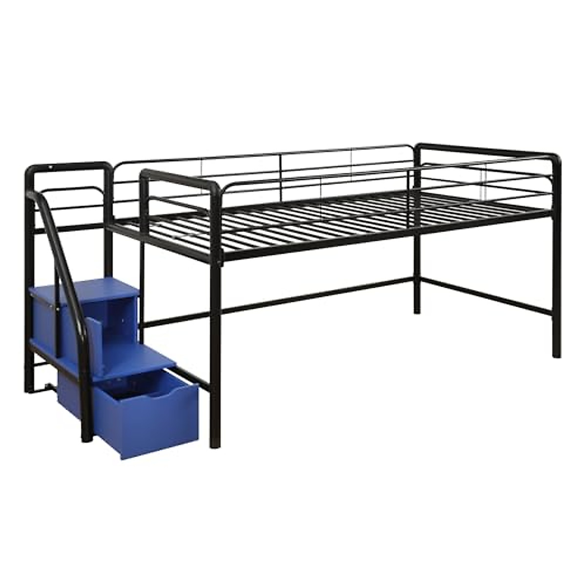 DHP Junior Twin Metal Loft Bed with Storage Steps, Multifunctional Space-Saving Solution - Black with Blue Steps