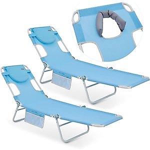 #WEJOY 2 Pack Beach Chaise Lounge Outdoor Lounge Chair with Face Hole Tanning Chair Lightweight Folding Reclining Beach Chair+Removable Pillow for Sunbathing,Patio,Indoor，Pool,Lawn,Backyard
