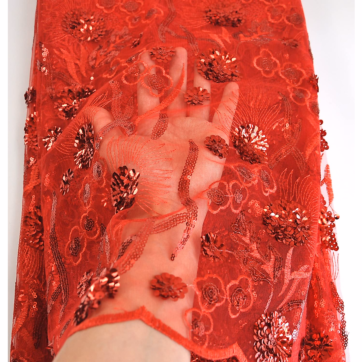 SanVera17 African Fabric 3D Sequins Net Fabrics Nigerian Embroidered Lace Fabric for Party Dress (Red) 5 Yards