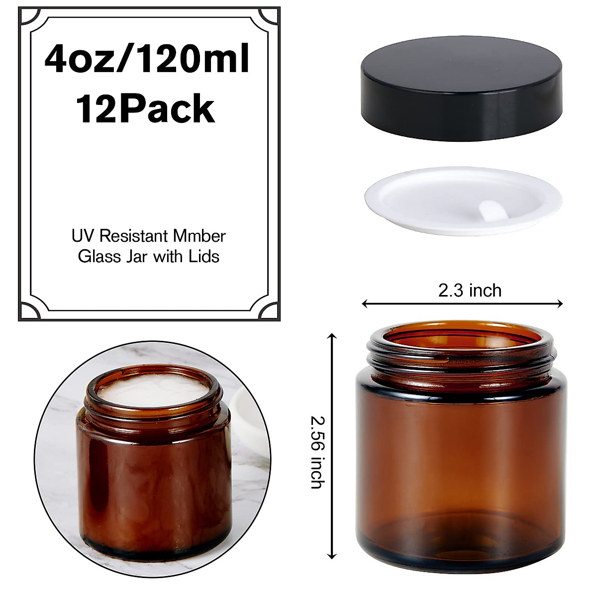 4oz Jars with Lids, Hoa Kinh 12 Pack Amber Glass Jars with Lids Empty Cosmetic Containers Round Airtight Glass Jar with Inner Liners and black Lids for Storing Lotions, Powders, and Ointments