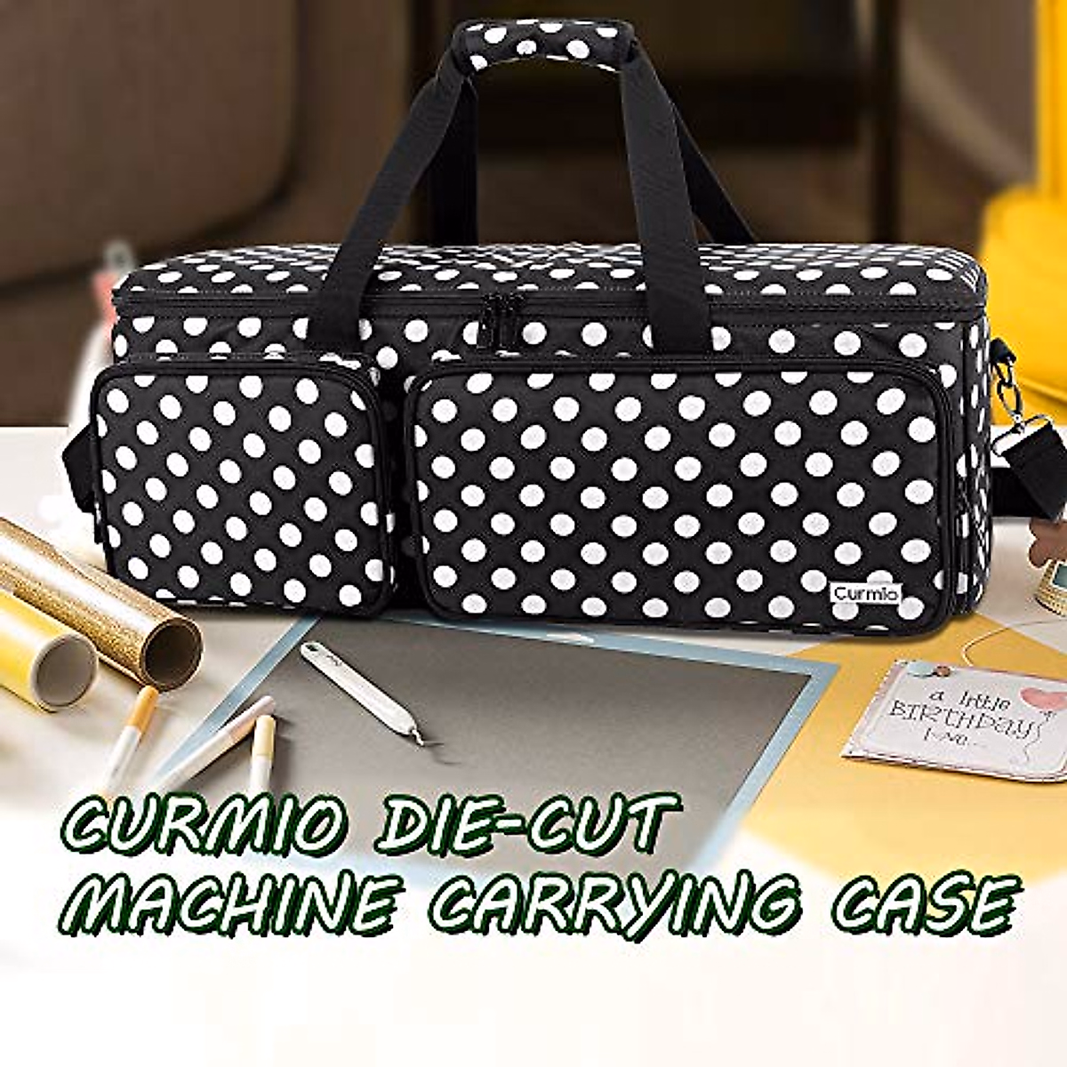 CURMIO Carrying Case Compatible with Cricut Explore Air 2, Cricut Maker, Silhouette Cameo 4 and Cameo 3, Travel Storage Bag with Pockets for Craft Tools and Accessories, Black Dots
