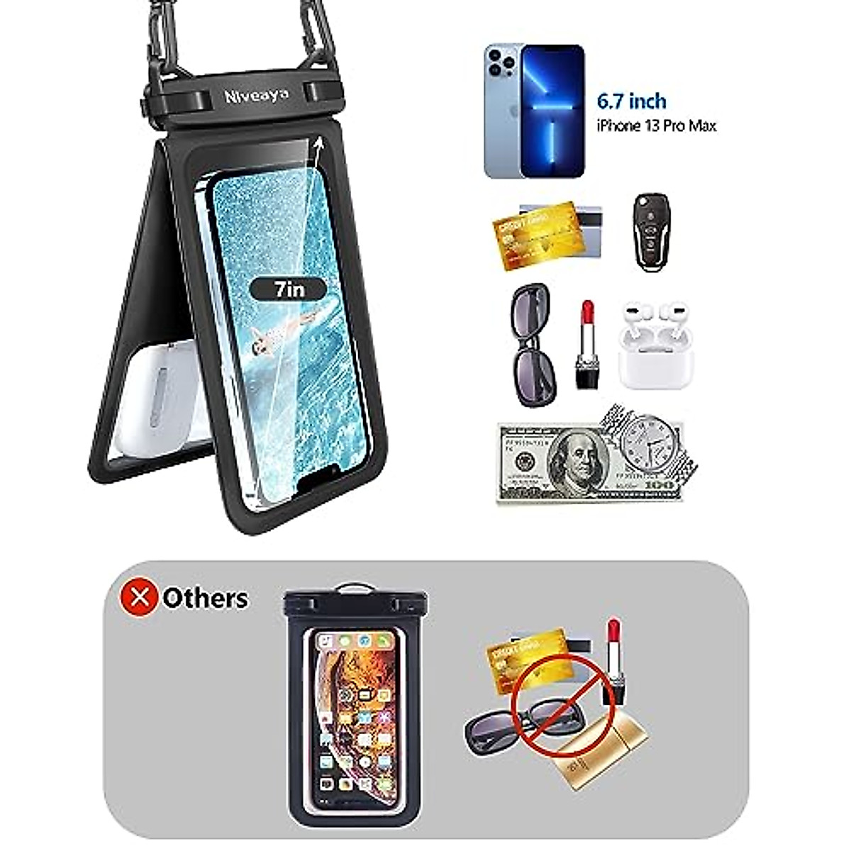 Niveaya Double Space Waterproof Phone Pouch - 2 Pack, Waterproof Phone Lanyard Case with iPhone 14/13/12/11 Pro Max/Pro/8 Plus, Galaxy S22/S21/S20/S10/Note 20/10/9 up to 7", Dry Bag for Vacation.