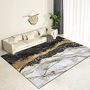 Abstract Modern Marble Area Rug, Black and Gold Marble Rugs Floor Carpet, Indoor Non-Slip Rug for Room Sofa Living Room Mat Bedroom Home Decor Floor Mats 6.6' x 5.3'