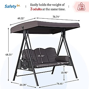 PURPLE LEAF Outdoor Patio Porch Swing with Stand, 3-seat Swing Chair with Adjustable Tilt Canopy All-Weather Steel Frame for Backyard Front Porch Lawn, Cushions and Pillow Included, Grey