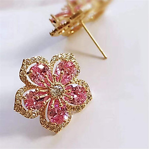 DAMLENG Handmade Chic Boho Pink Rhinestone Flower Statement Stud Earrings with Gold Flower Bud for Women Sister Mom Lover and Friends (Pink)