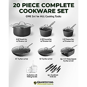 Granitestone Armor Max 20 Pc Pots and Pans Set Nonstick Cookware Set, Complete Kitchen Cookware Set with Non Stick Pots and Pans Set with Lids + Knife Set, Induction/Oven/Dishwasher Safe, Non Toxic